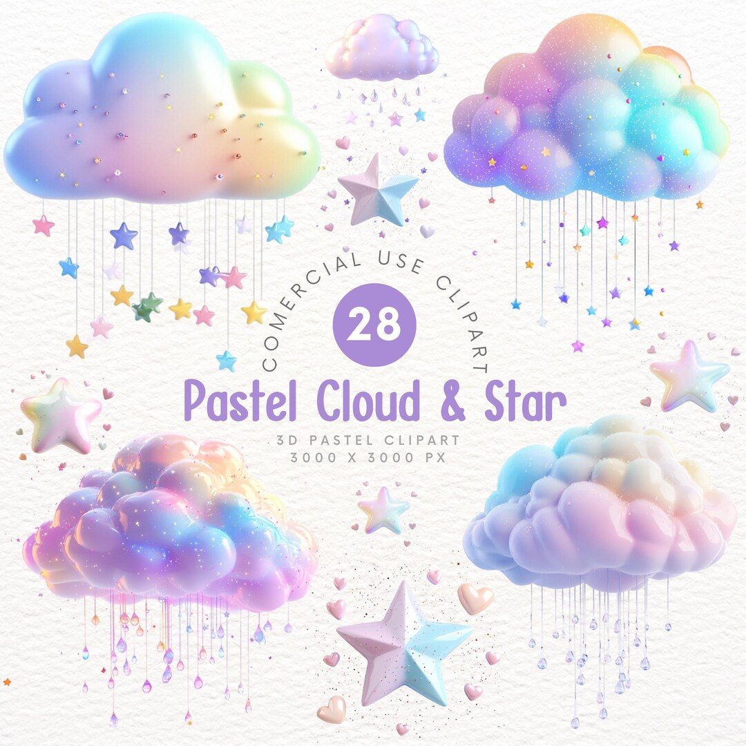 3D Pastel Cloud and Star Clipart Cute Kawaii Sky Elements Digital Art ...