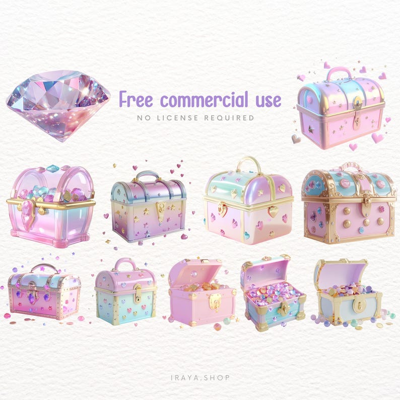 Magical 3D Pastel Treasure Chest Clipart – Kawaii Gems and Coins ...