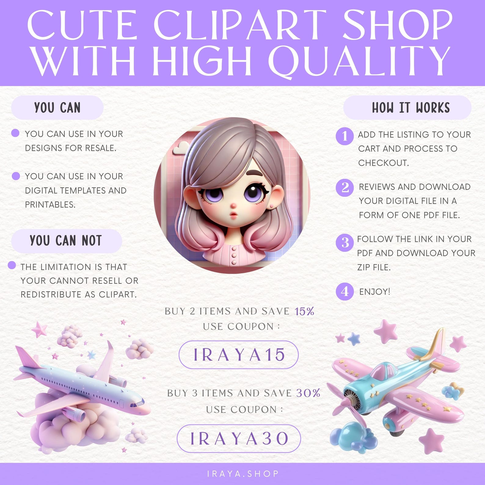 3D Pastel Airplane Clipart – Cute Kawaii Plane Digital Art Decoration ...