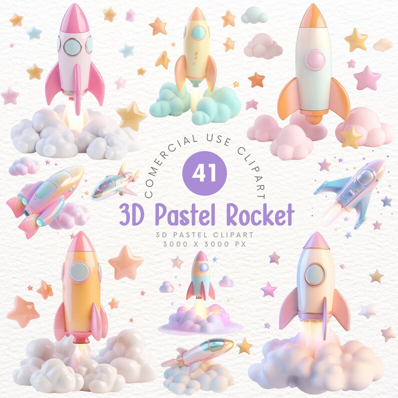 3D Pastel Rocket Clipart – Cute and Whimsical Space Adventure ...