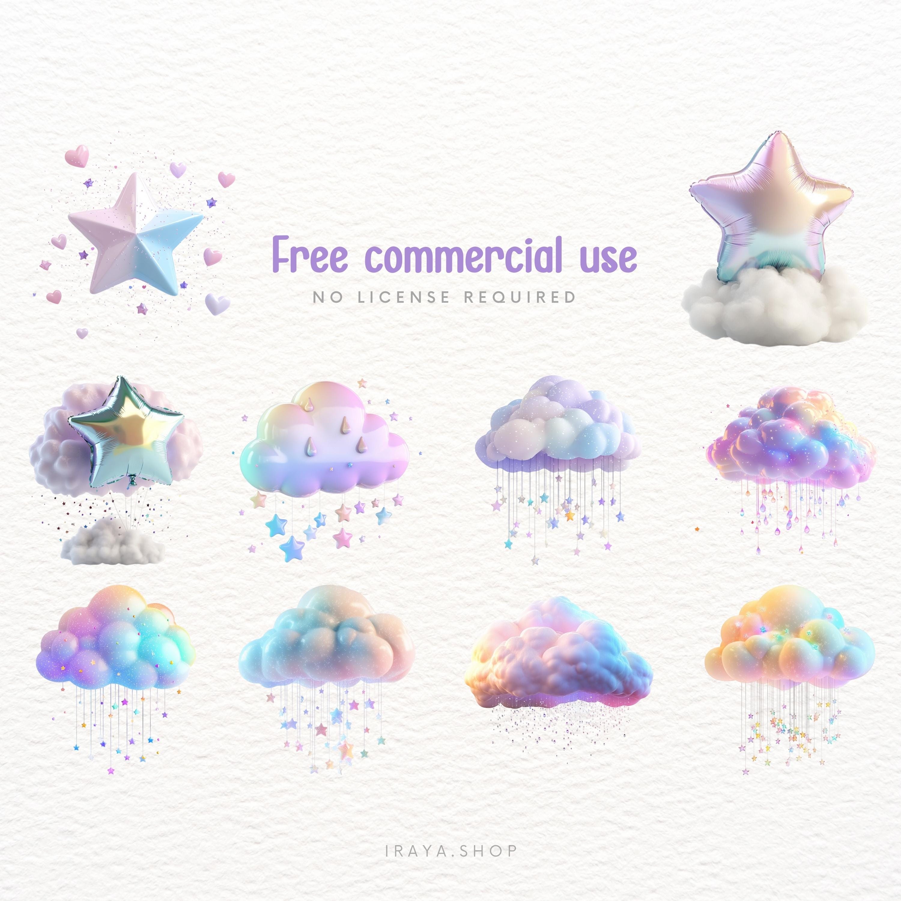 3D Pastel Cloud and Star Clipart Cute Kawaii Sky Elements Digital Art ...