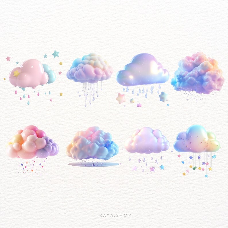 3D Pastel Cloud and Star Clipart – Cute Kawaii Sky Elements Digital Art ...