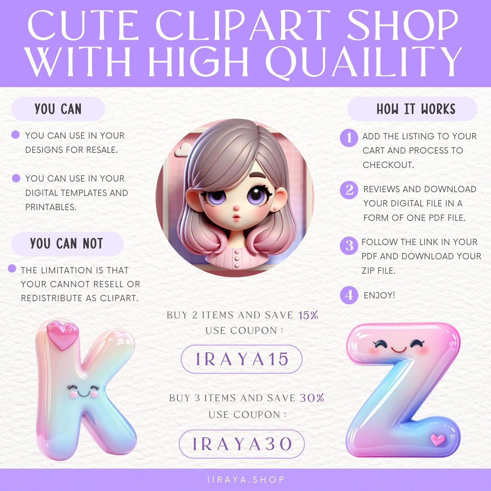 3D Cute Pastel Alphabet Clipart - Kawaii Letters and Numbers Set ...