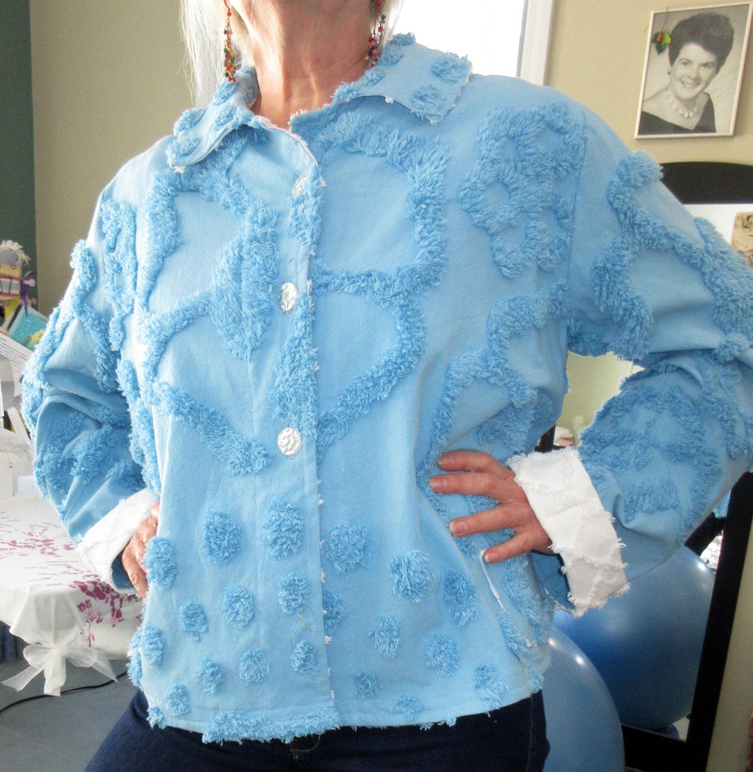 Periwinkle Blue Retro Chenille Swing Jacket/ Size M/L, USA Handmade ...