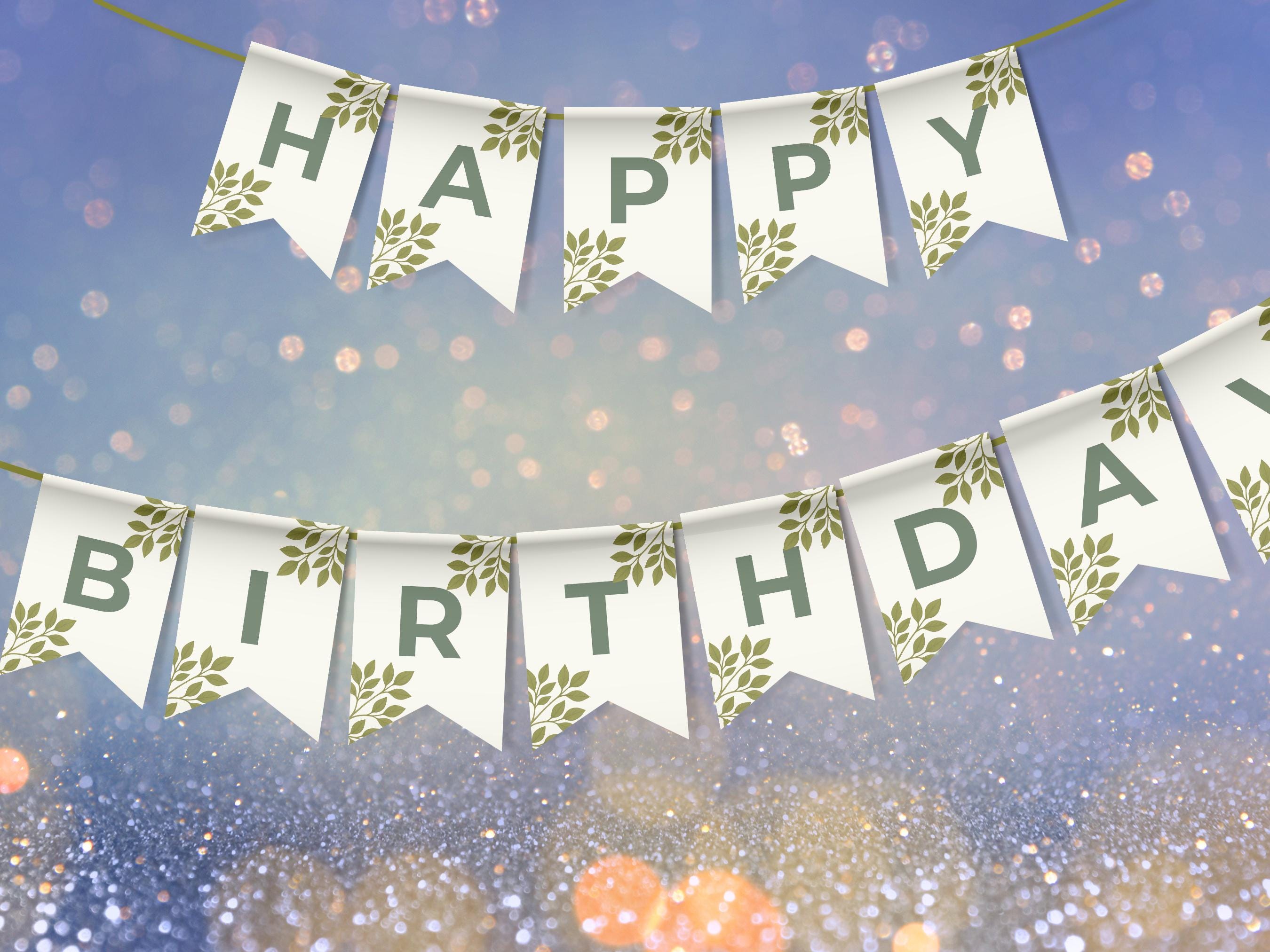 Editable Greenery Birthday Banner Printable, Canva Happy Birthday ...