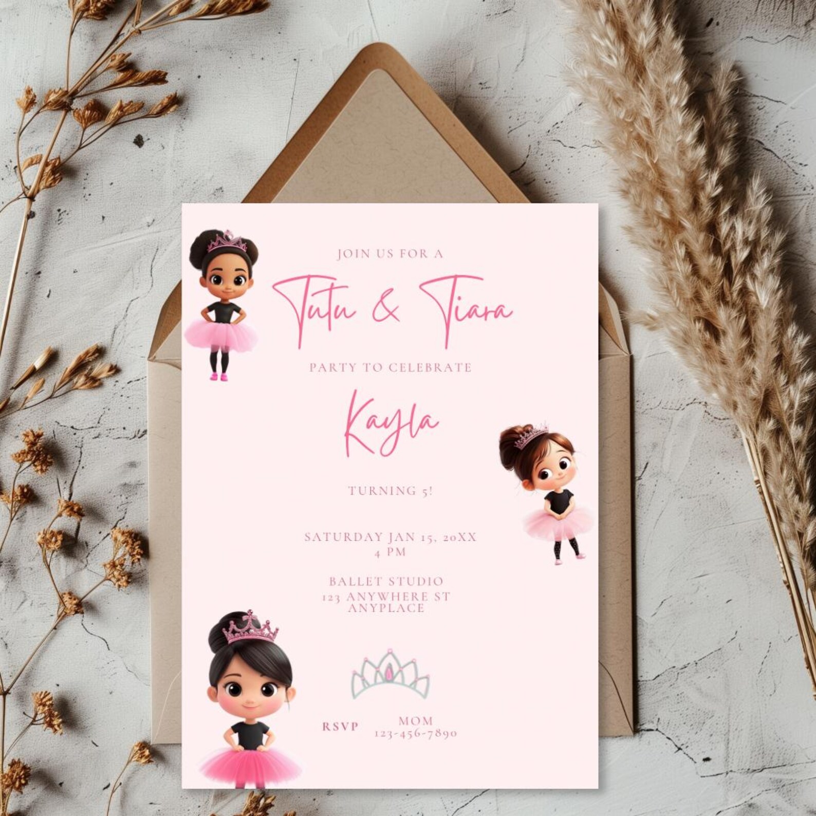 Tutu and Tiara Girls Birthday Invite, Ballerina 5th Birthday Invitation ...