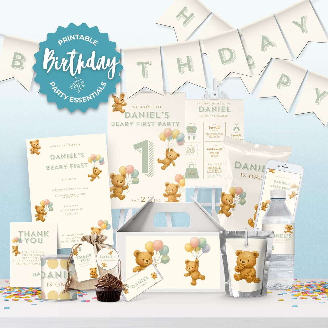 Editable Teddy Bear First Birthday Party Bundle for Canva, Beary First ...