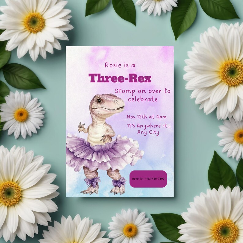 Three-rex Dinosaur Birthday Invitation Template for Girls | Editable ...
