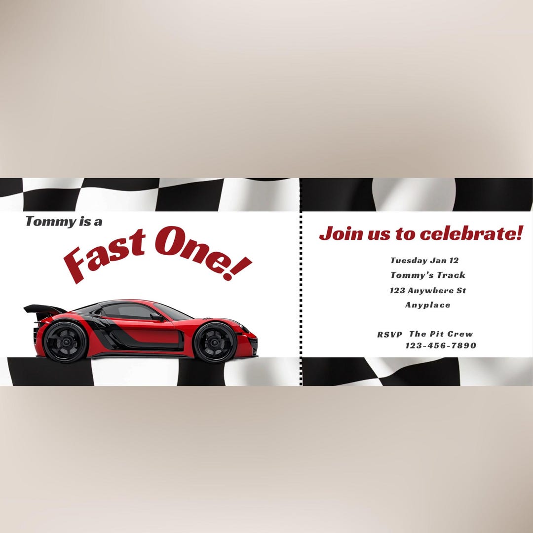 Race Car Birthday Ticket, Racing Party Invite, Fast One Invitation, Red ...