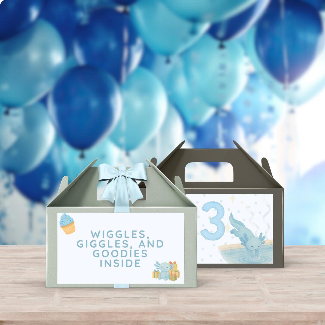 Editable Axolotl 3rd Birthday Gable Box Label Template With Balloons ...