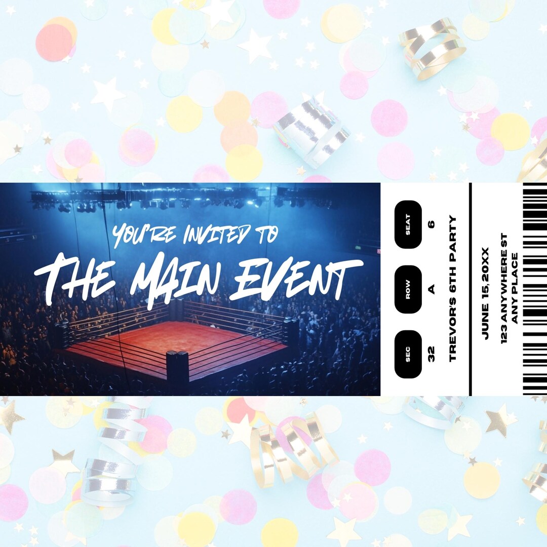 Wrestling Ring Ticket Birthday Invite, Editable Canva Invitation for ...