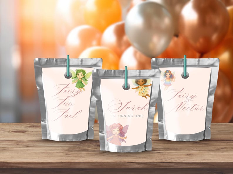 Editable Fairy Birthday Juice Pouch Label Template for Canva, Fairy ...