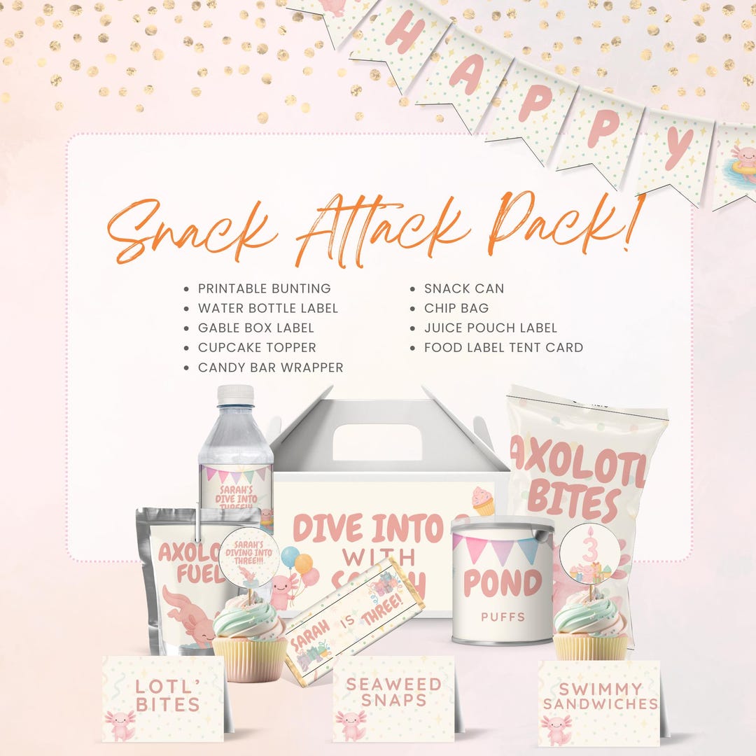 Axolotl Pink Birthday Favor Bundle, Editable Party Templates, Canva ...