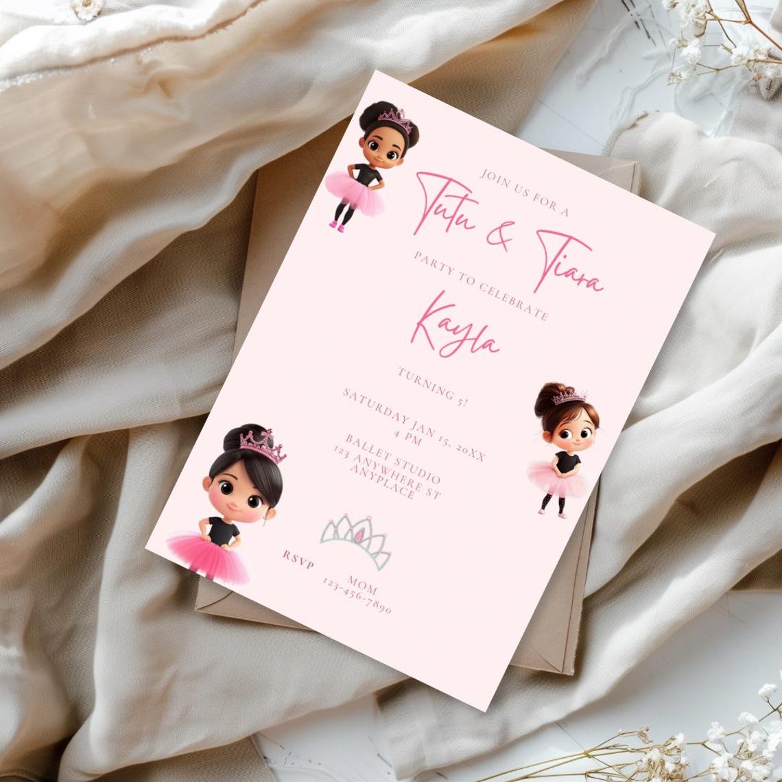 Tutu and Tiara Girls Birthday Invite, Ballerina 5th Birthday Invitation ...