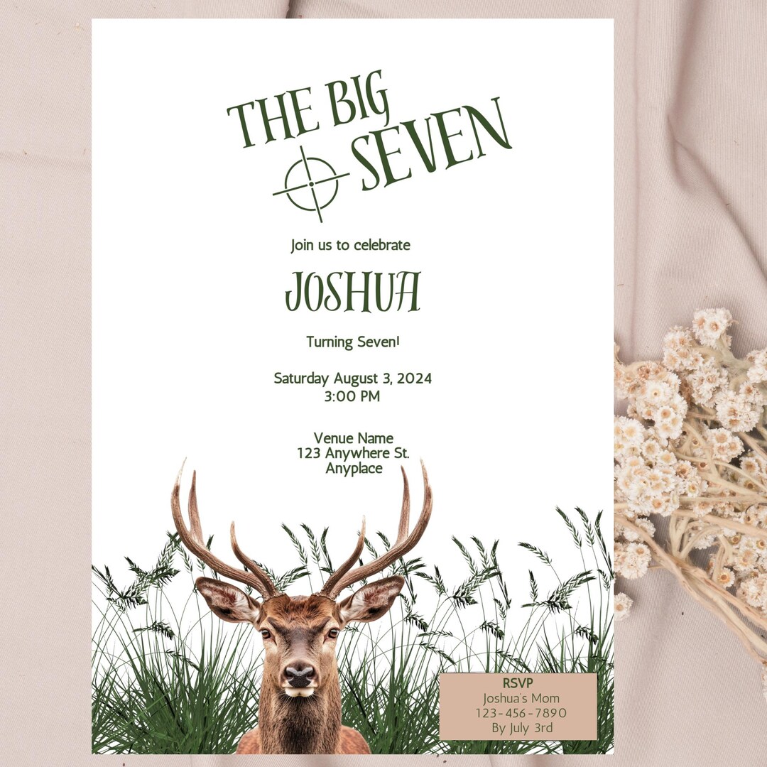 Big One Seventh Birthday, Hunting Invite, Editable 7th Birthday Invite ...