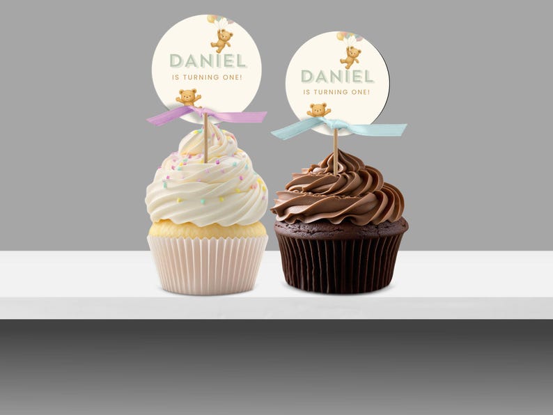 Editable Teddy Bear Birthday Cupcake Topper Template for Canva ...