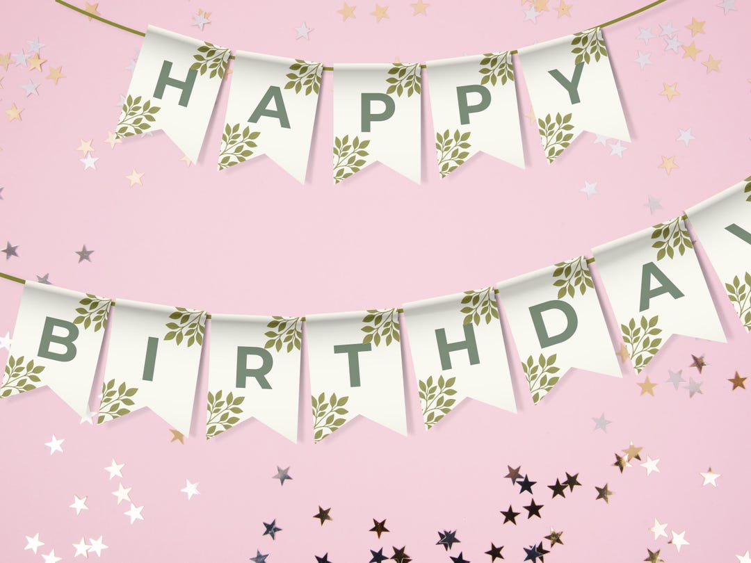 Editable Greenery Birthday Banner Printable, Canva Happy Birthday ...