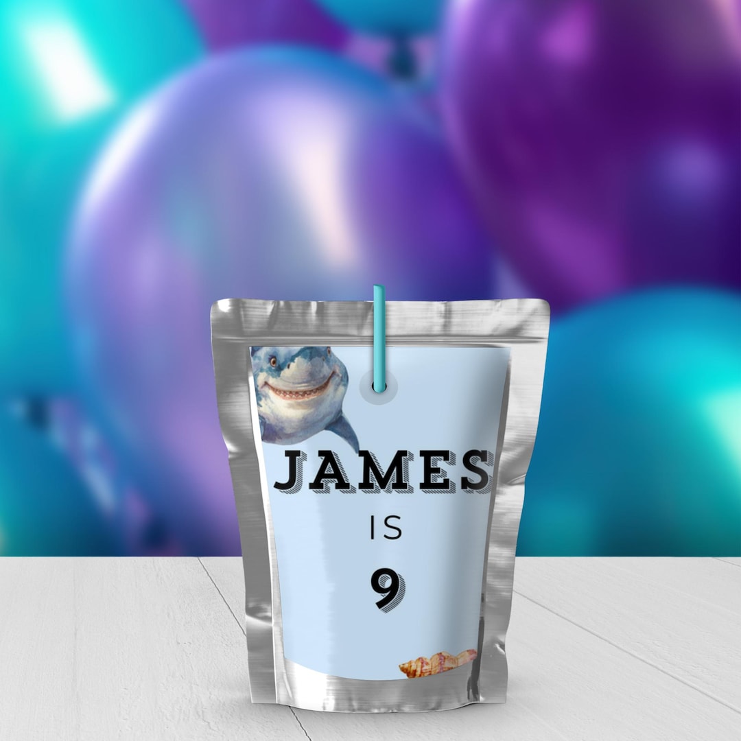 Megalodon Shark Birthday Juice Pouch Label, Boy's 9th Birthday Party ...
