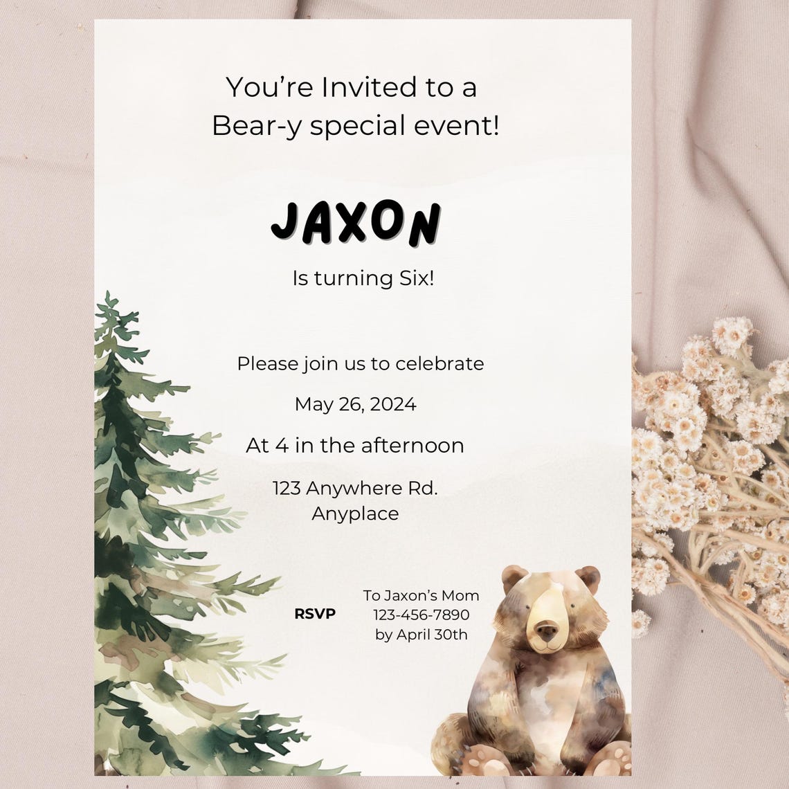 Woodland Sixth Birthday Invite, Nature Themed Party, Brown Invitation ...