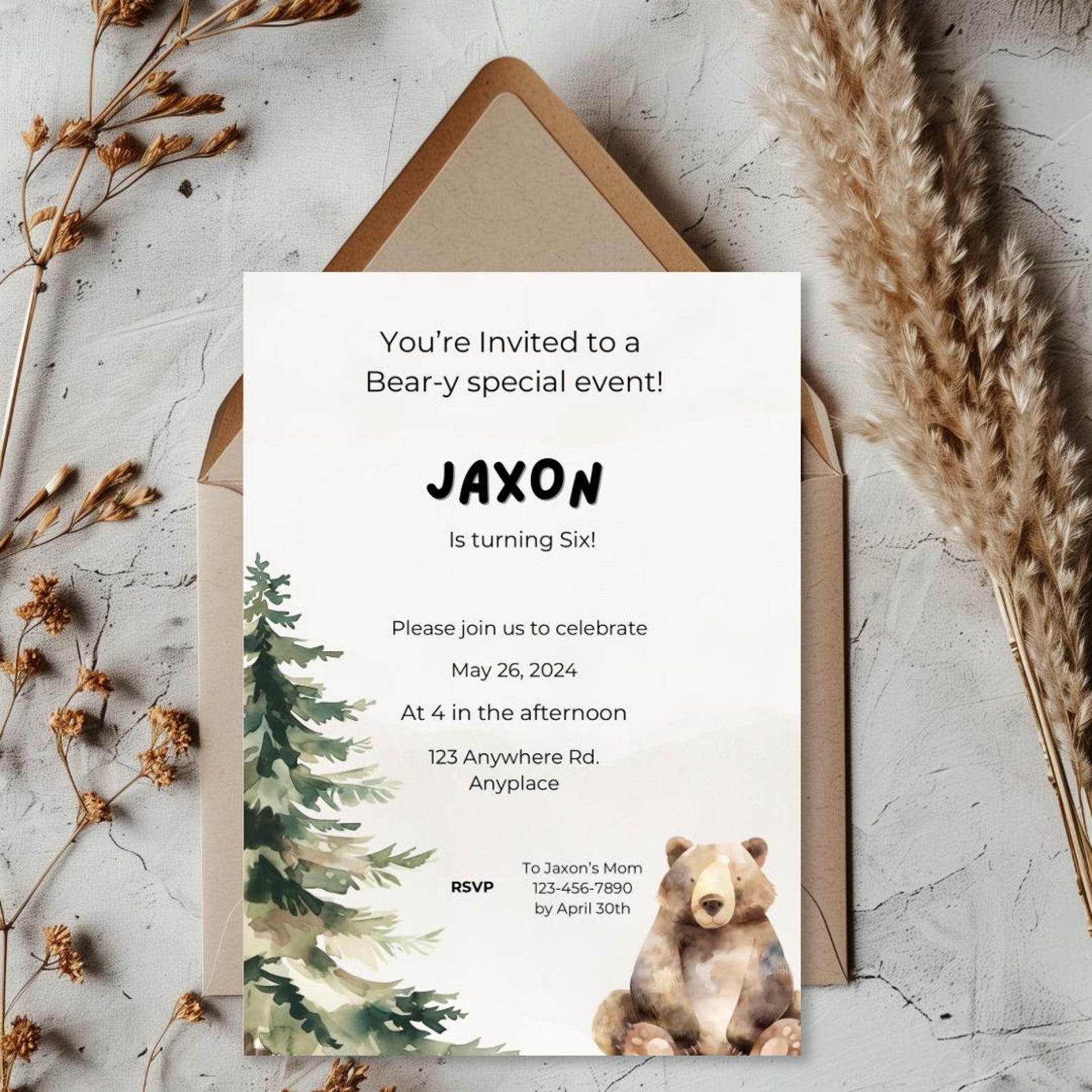 Woodland Sixth Birthday Invite, Nature Themed Party, Brown Invitation ...