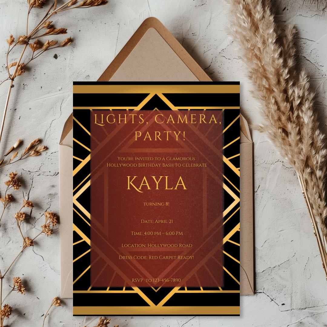 Hollywood Birthday Invitation, Red Carpet Party Invite, Editable Canva ...