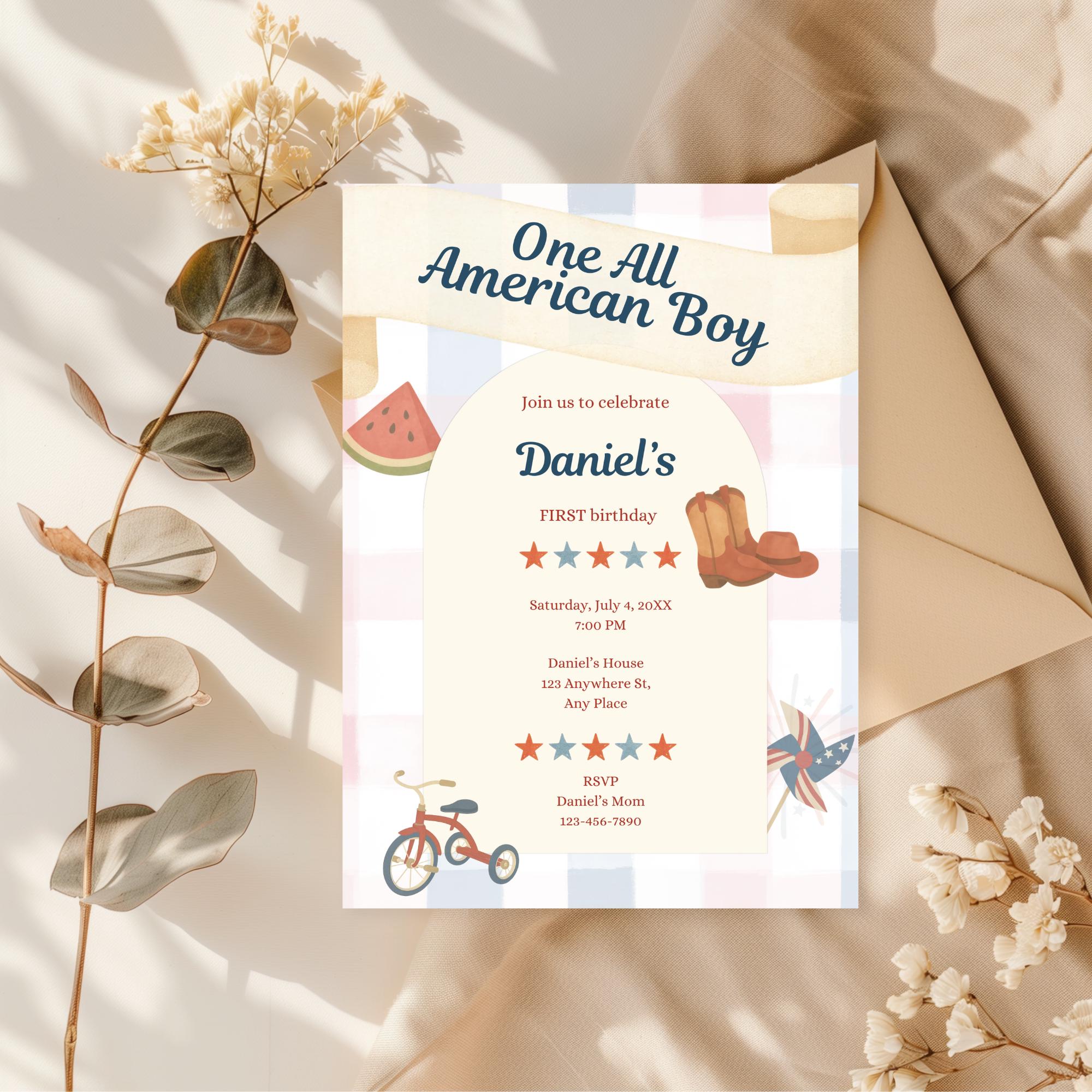 One All American Boy Invitation, Patriotic Birthday Invite, 4th of July ...