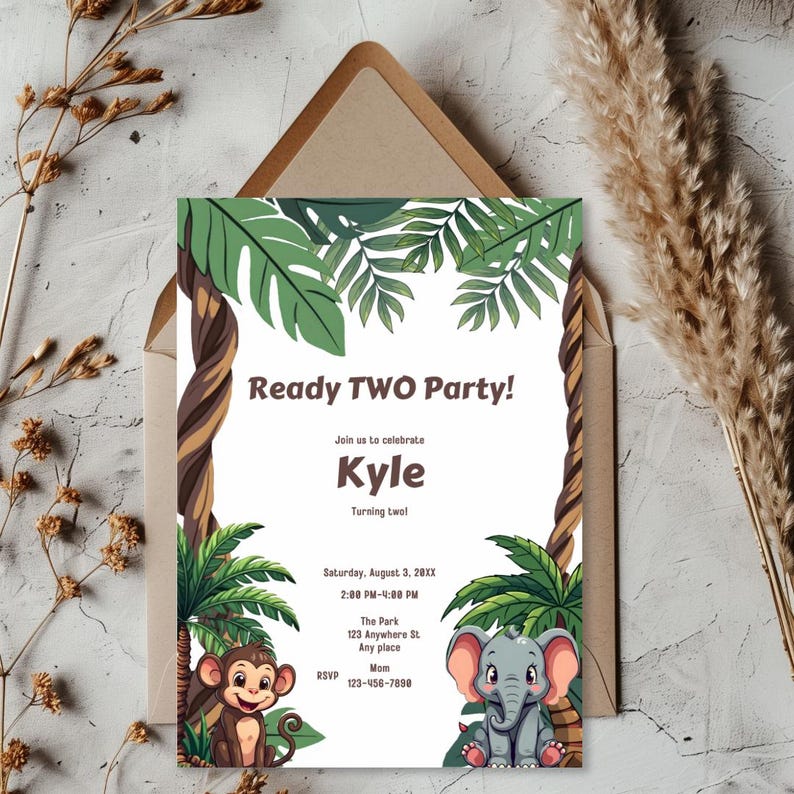 Editable Jungle Two Wild Birthday Invitation | Ready TWO Party Invite ...