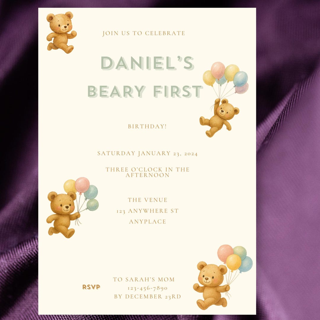Editable Teddy Bear First Birthday Invitation Template for Canva, Beary ...