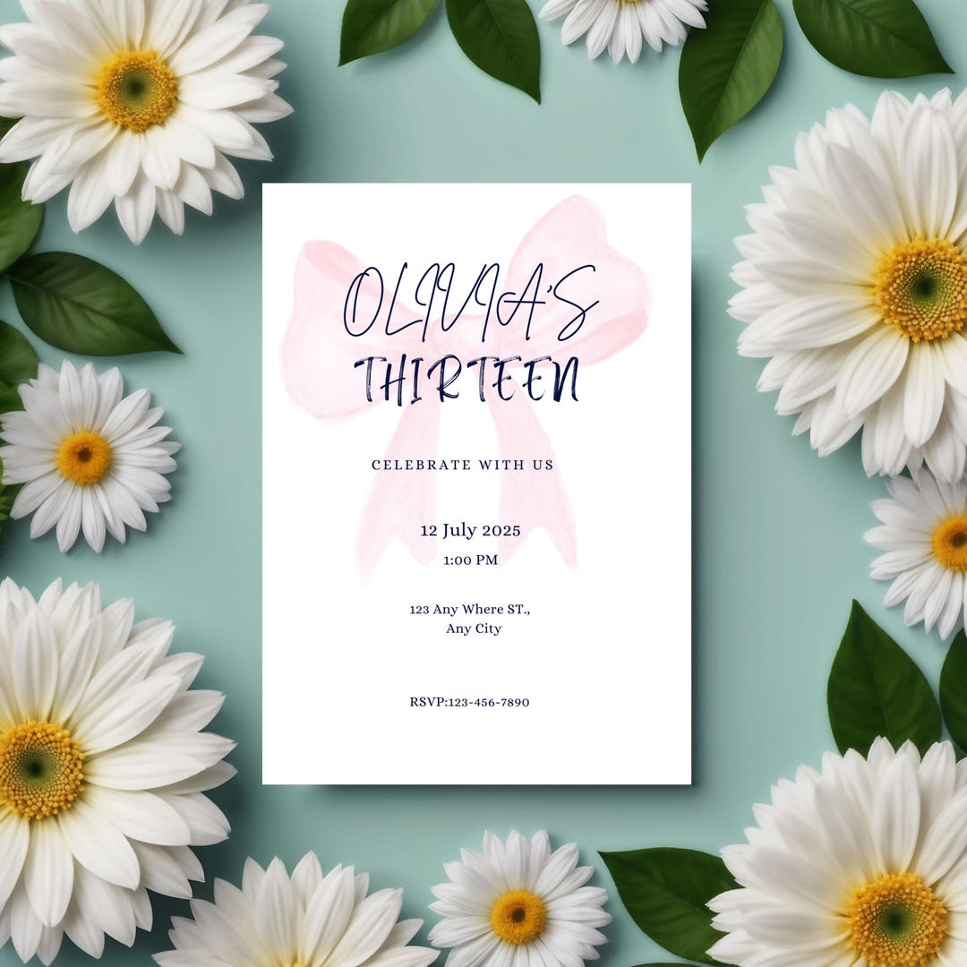 Editable 13th Birthday Invitation Template | Pink Bow Theme | 5”x7 ...