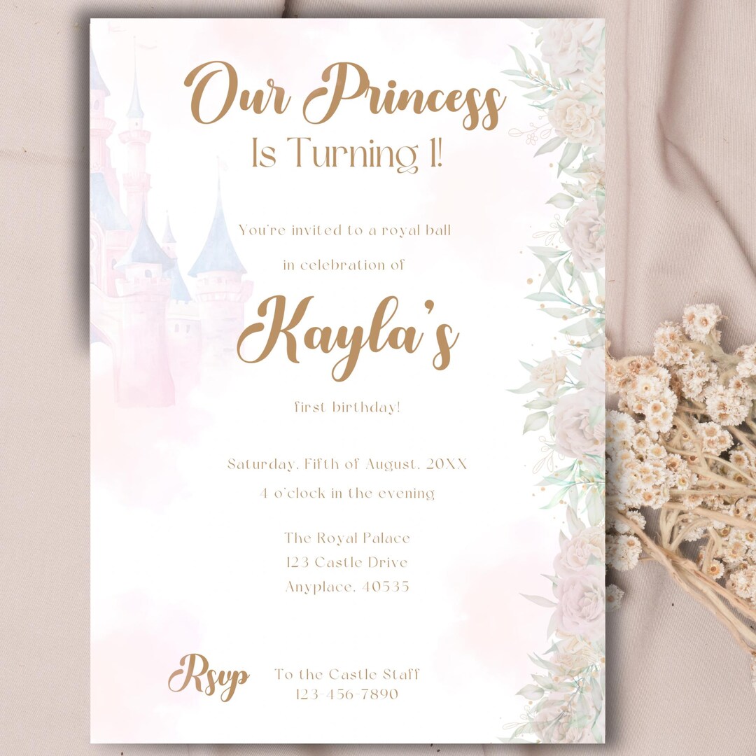 Princess Birthday Invite, Editable 1st Birthday Invitation Template ...