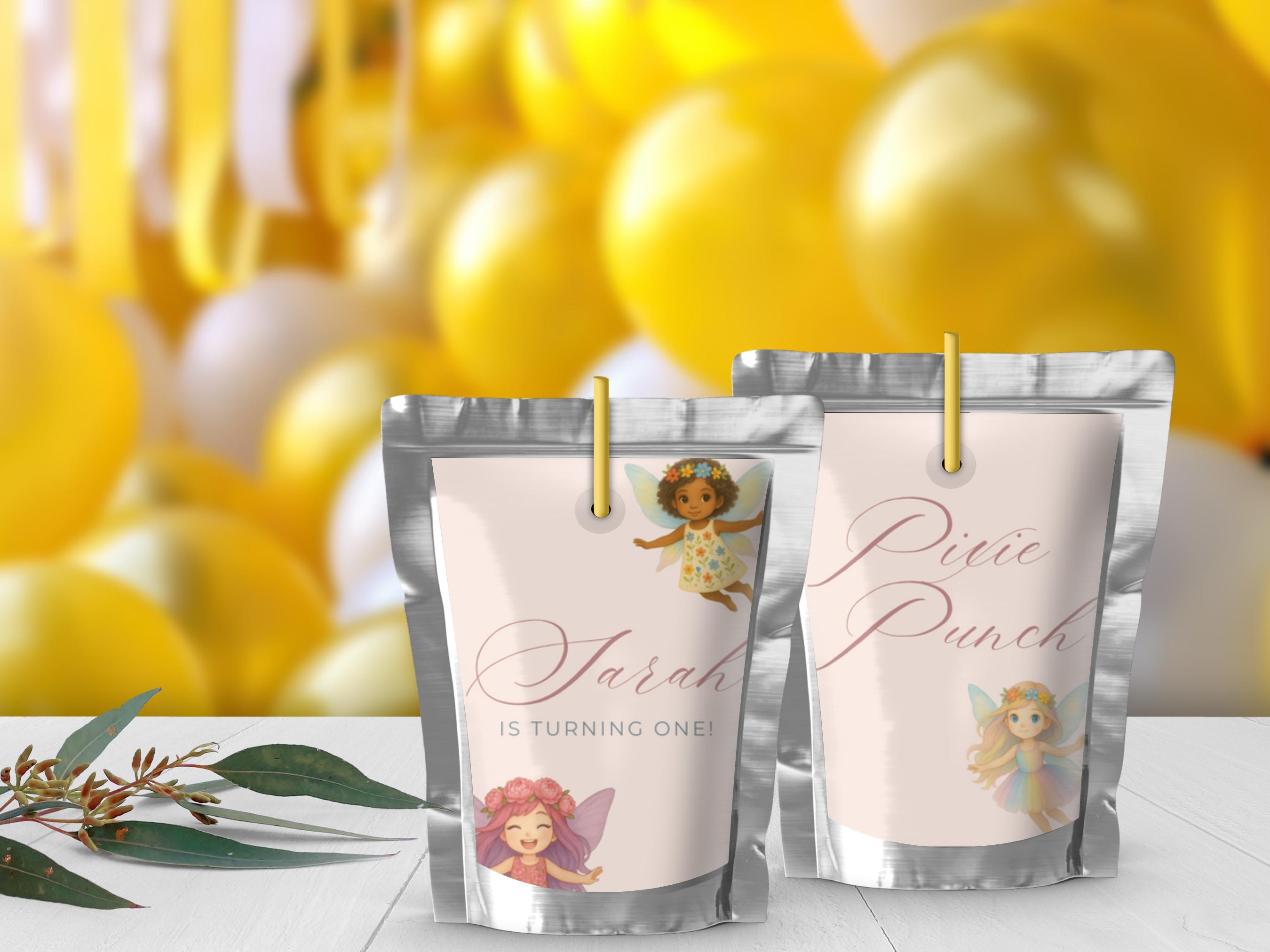 Editable Fairy Birthday Juice Pouch Label Template for Canva, Fairy ...