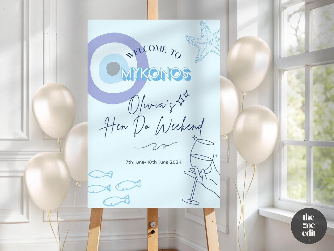Mykonos Hen Party Digital Welcome Sign, Blue and White Printable, Canva ...