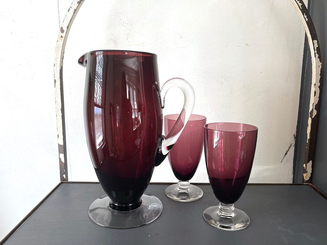 1960s Elegant Purple & Clear Amethyst Art Glass Pitcher Stemware Set ...