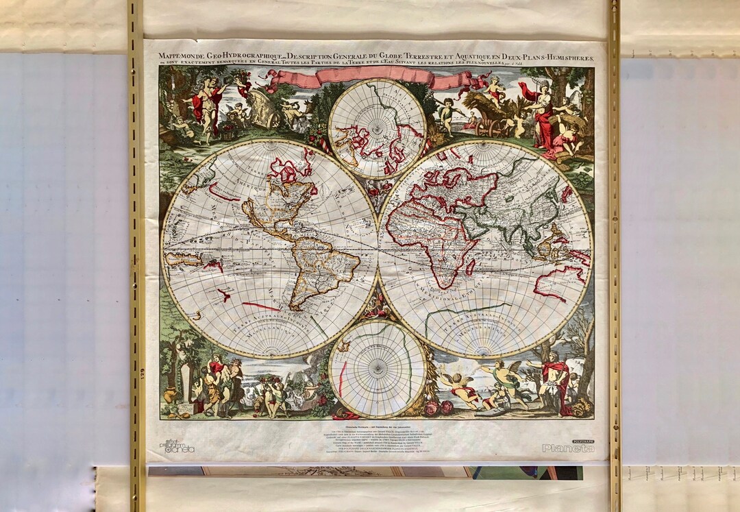 Vintage World Map Linen 1700s Repro Amsterdam by Gerald Valck 27 X 24 ...
