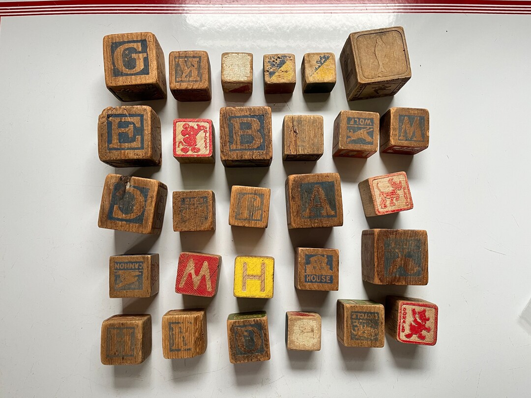 22 Wooden Children's Alphabet Animal Blocks Lot Worn Charmed Craft Walt ...