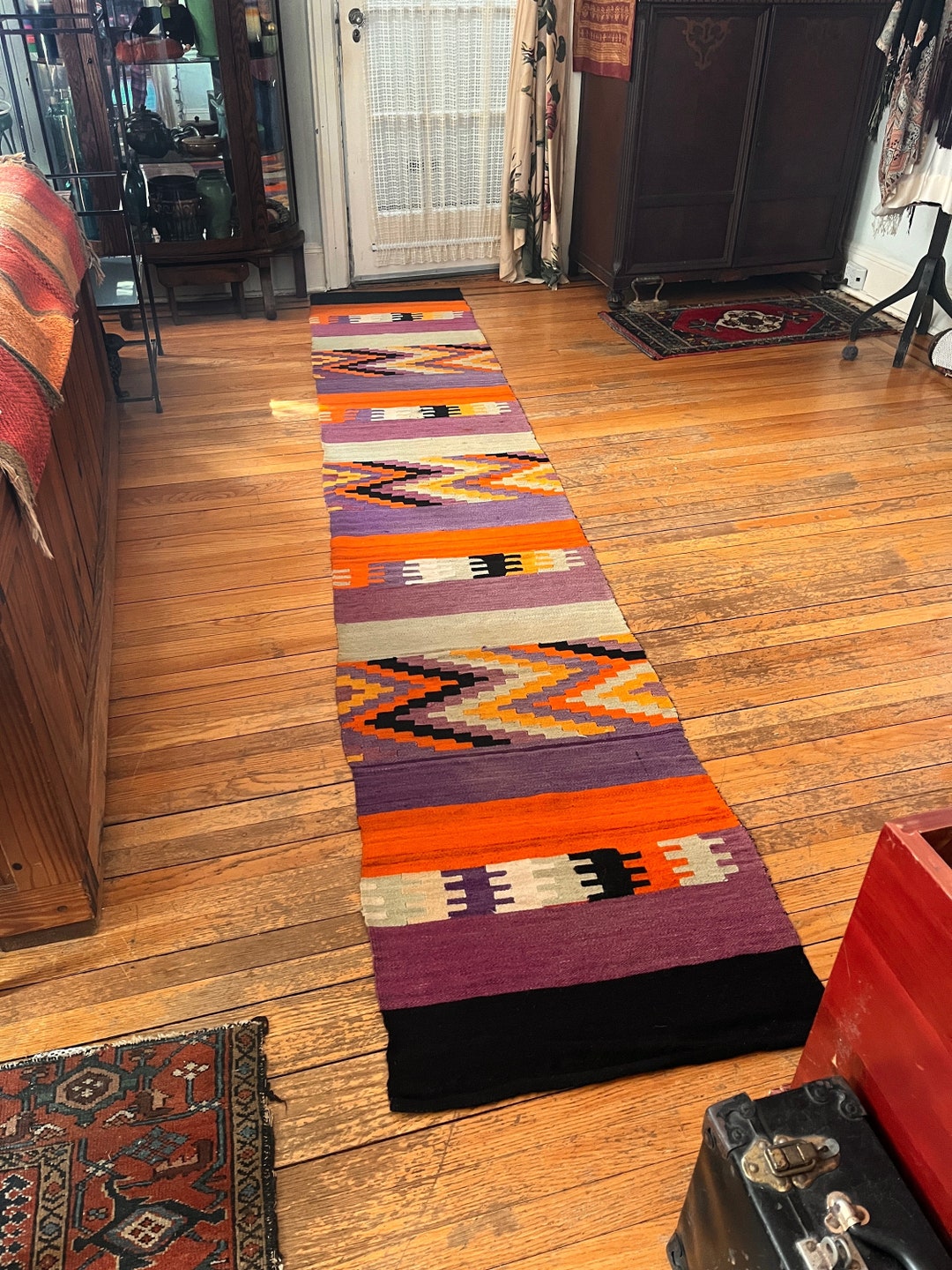 Vintage 11'x2' Wool Runner Cabin Porch Loomed Rug Handmade Modern Boho ...