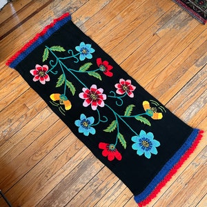 Vintage 52x24 Passion Floral Scatter Rug Hand Embroidered Wool Colorful ...