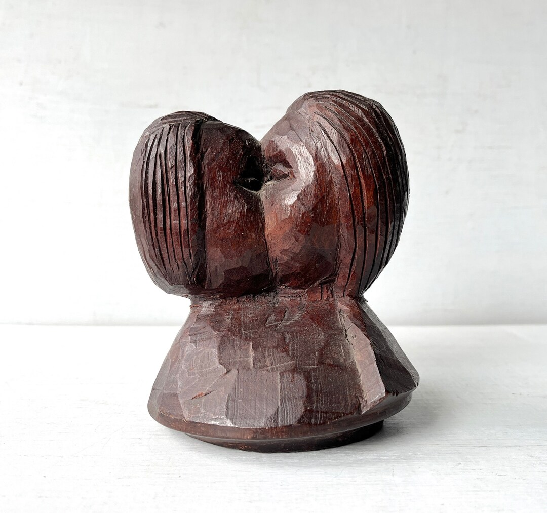 Vintage Kissing Couple Wood Sculpture Gender Neutral Passionate Lovers ...
