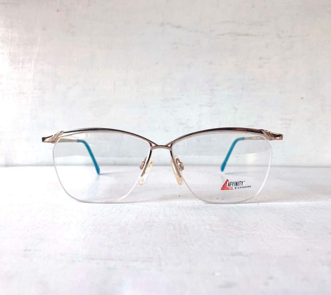Vintage Eyeglasses WIDE Fit Kenmark Affinity Raven Cat Eye Metal Semi ...