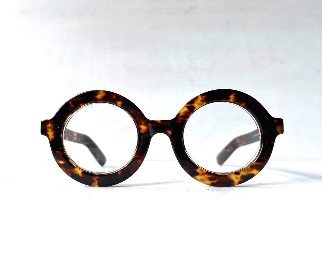 Large Bold Round Eyeglasses Gold Inner Rim, Vintage Paddle Temple ...
