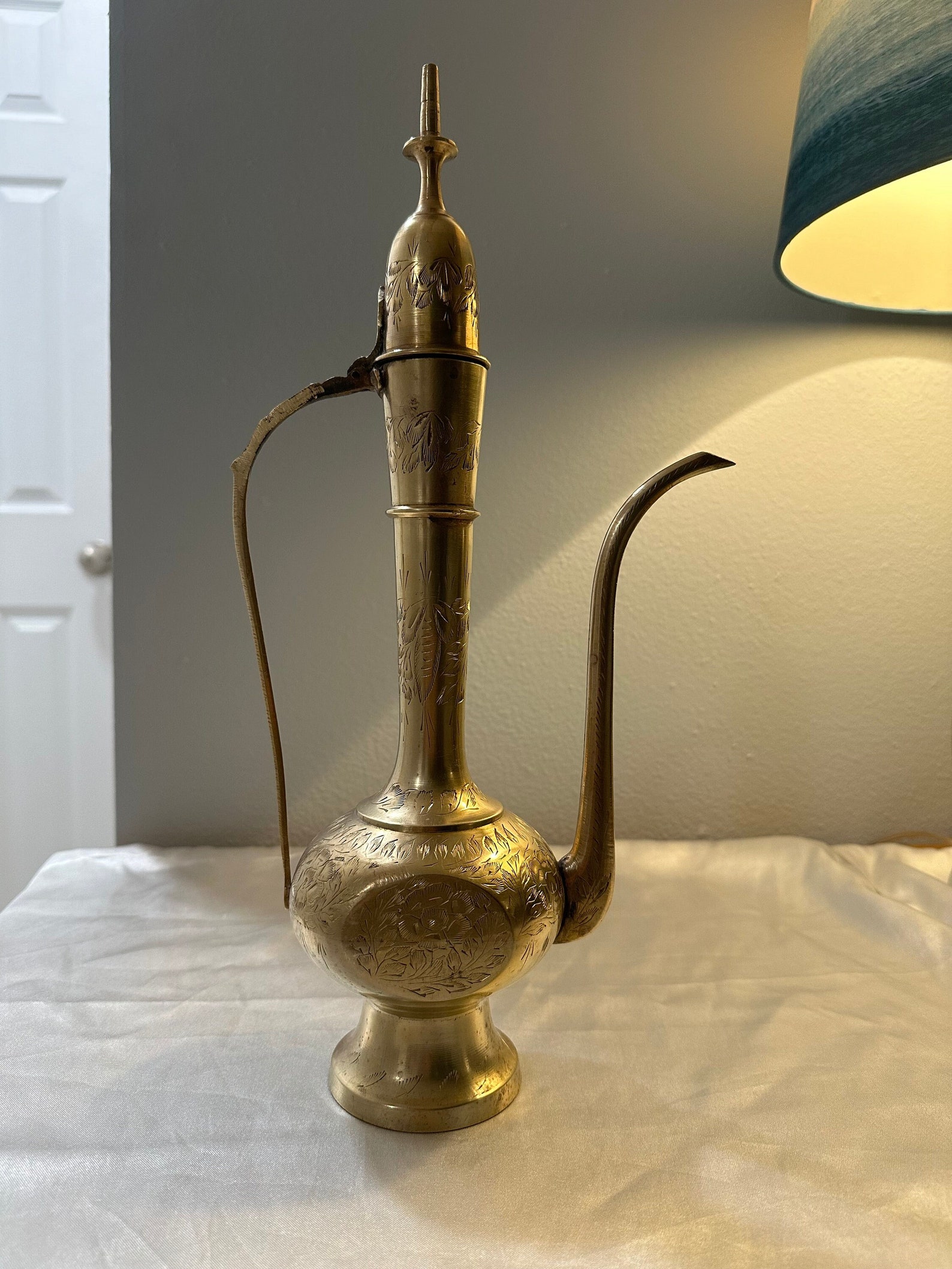 Vintage Brass Ewer | Ornate Middle Eastern Coffee Pot | Hand-etched ...