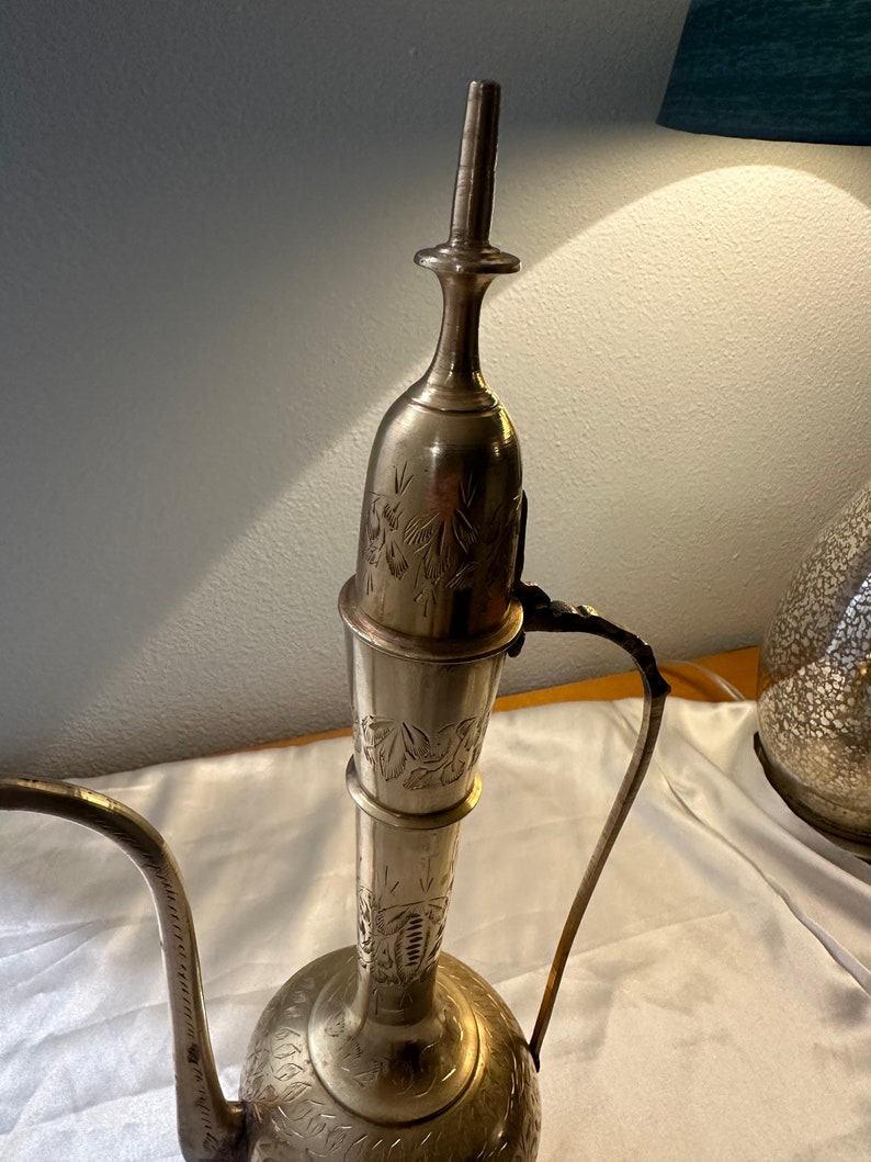 Vintage Brass Ewer | Ornate Middle Eastern Coffee Pot | Hand-etched ...