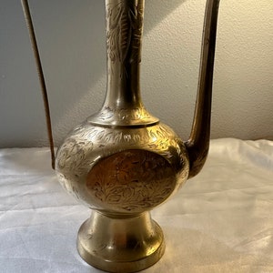 Vintage Brass Ewer | Ornate Middle Eastern Coffee Pot | Hand-etched ...