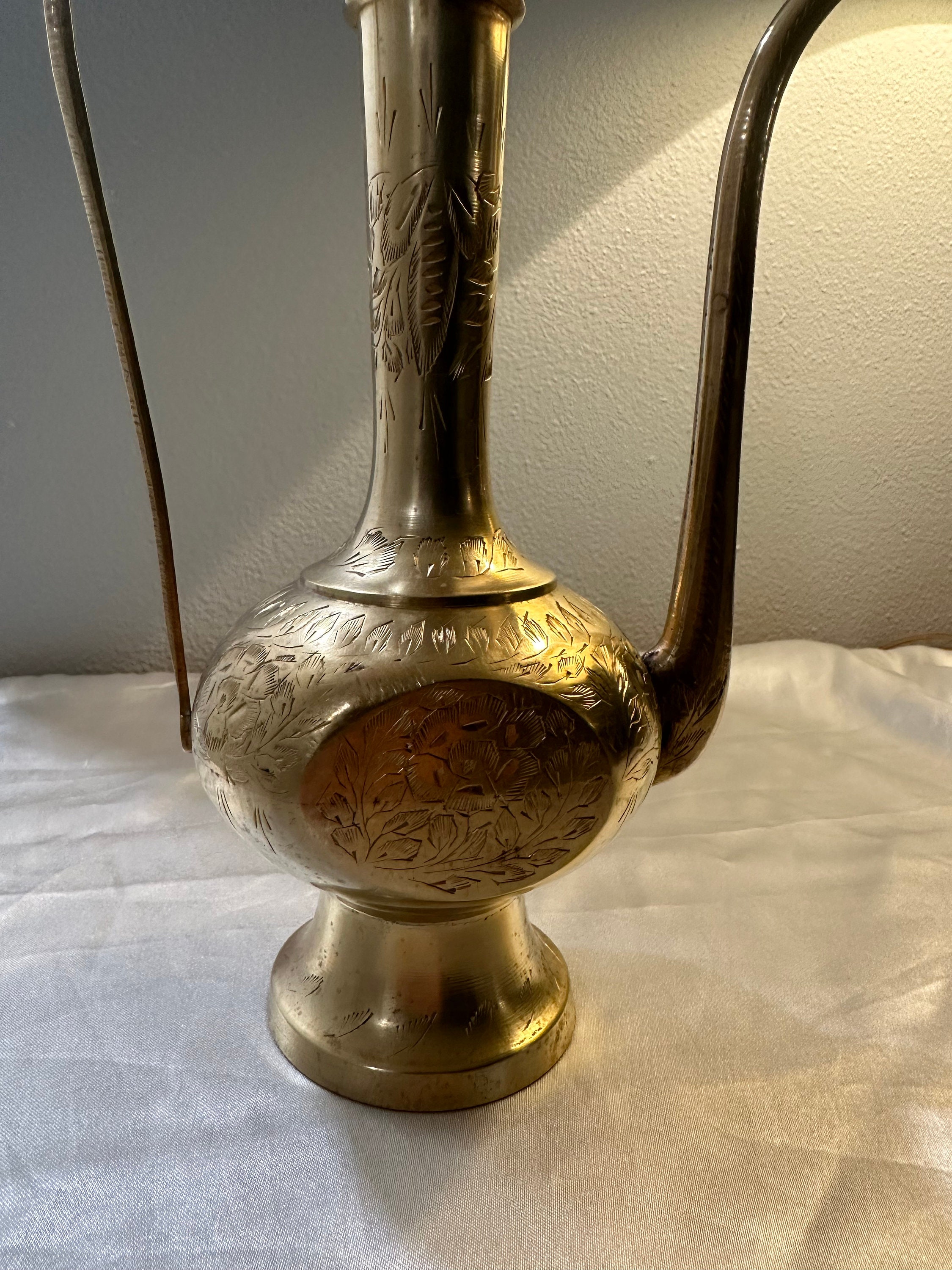 Vintage Brass Ewer | Ornate Middle Eastern Coffee Pot | Hand-etched ...