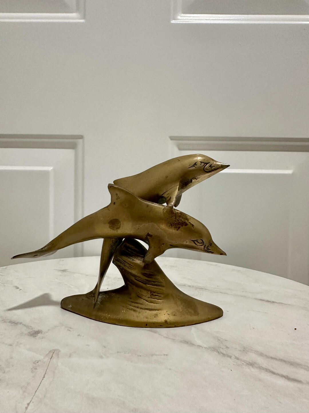 Vintage Solid Brass Dolphin Sculpture | Trio of Dolphins Riding a Wave ...