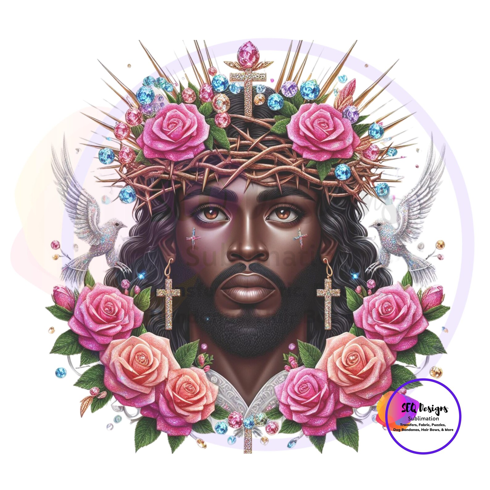 Fabric Block Religious African American Ornate Black Jesus Floral One ...