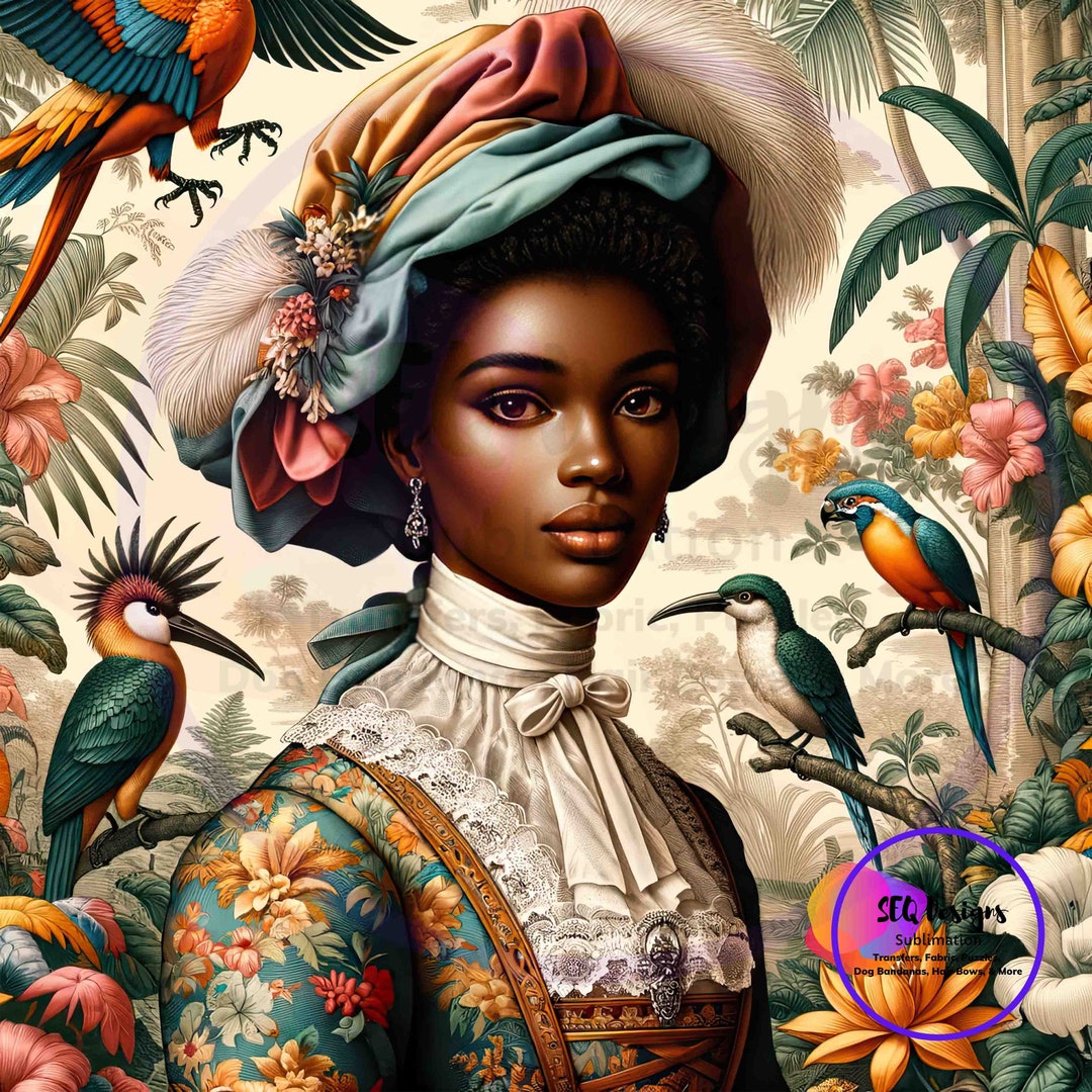 Fabric Block Beautiful Regal Black Woman Vintage Style Toile Tropical ...