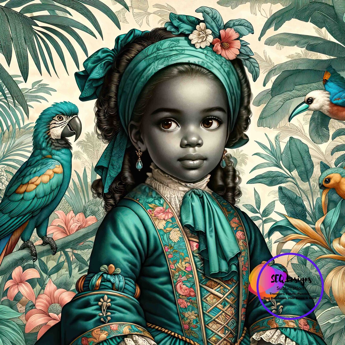 Fabric Block Emerald Sepia Princess Black Girl Vintage Style Toile ...