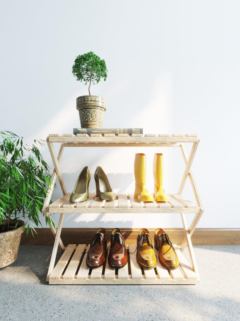 Foldable Natural Wood Shoes Rack. 3-tier Shoes Rack. Pine Wood Shoes ...