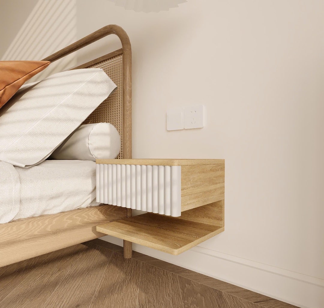 Fluted Modern Floating Bedside. Wall-mounted Bedroom Nightstand With ...